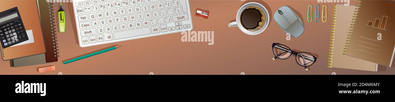 Office desktop computer. Desk top view background vector. Supplies ...