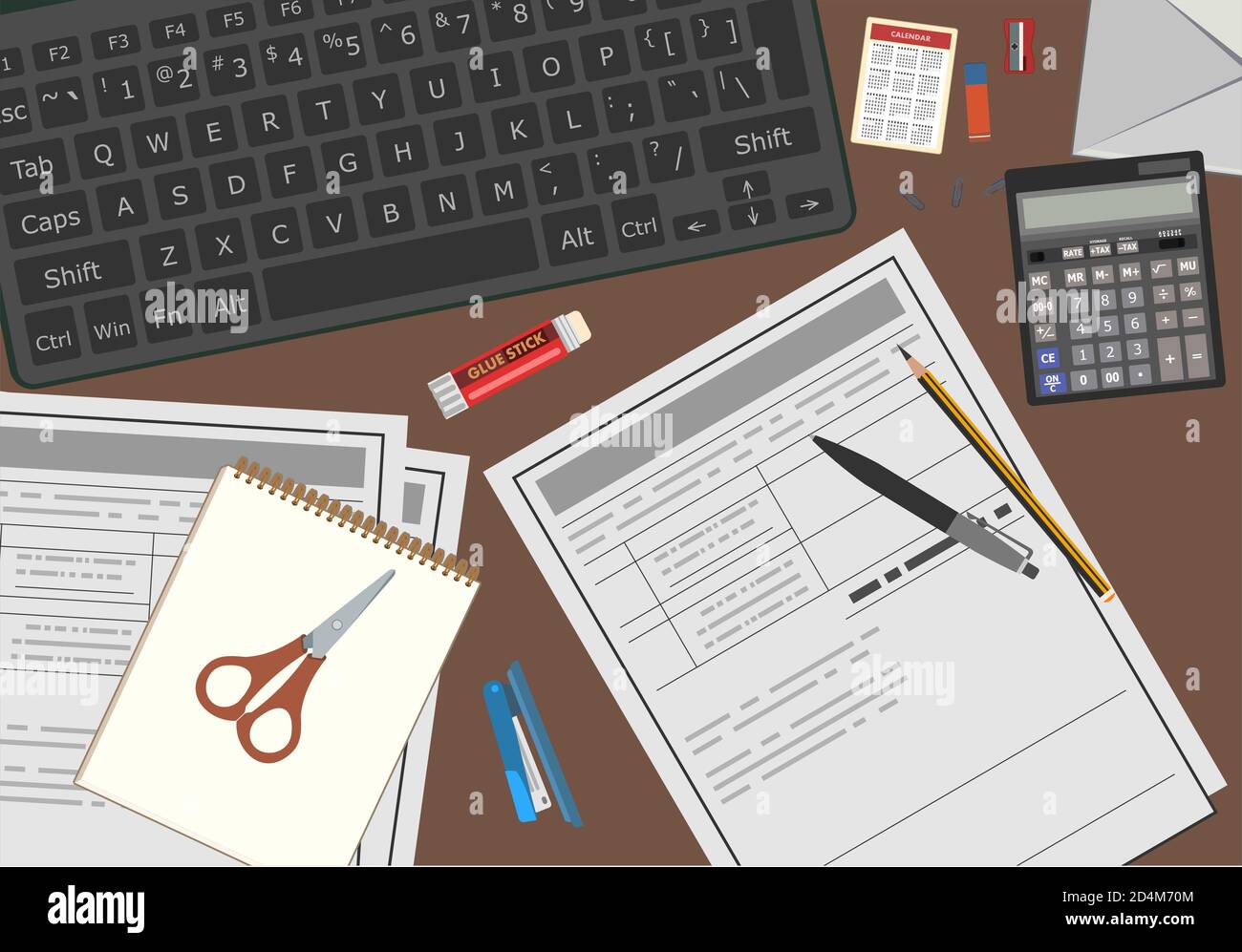 Filling a tax return at the office desk. Calculation of the amount of ...