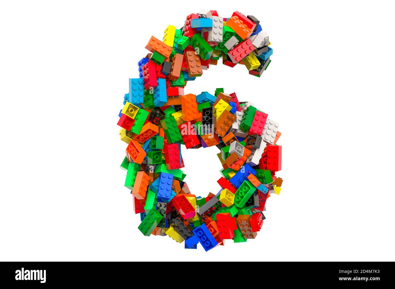 Number 6 from colored plastic building blocks, 3D rendering isolated on ...