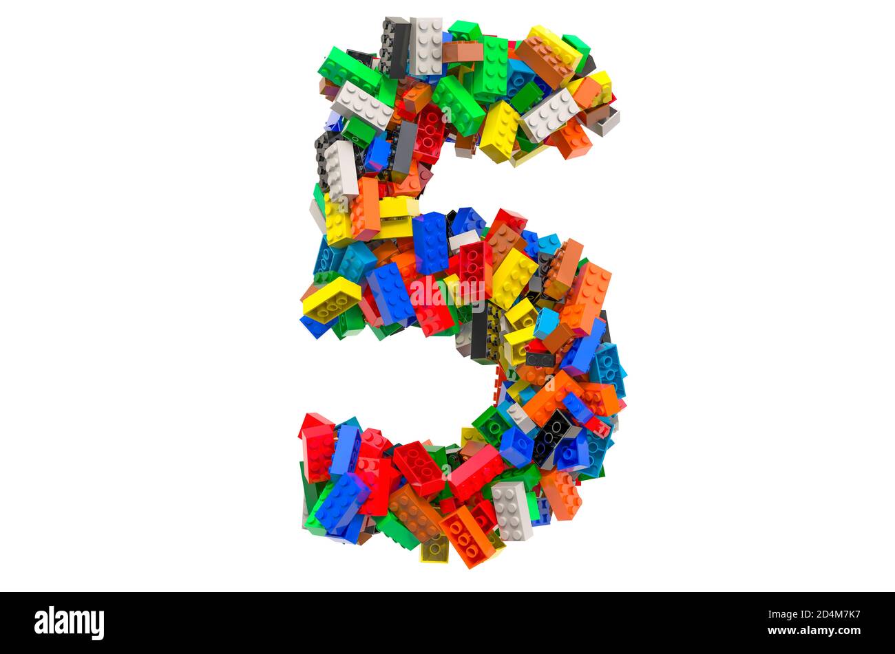 Number 5 from colored plastic building blocks, 3D rendering isolated on ...
