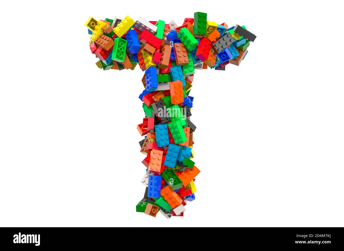 Letter T from colored plastic building blocks, 3D rendering isolated on ...
