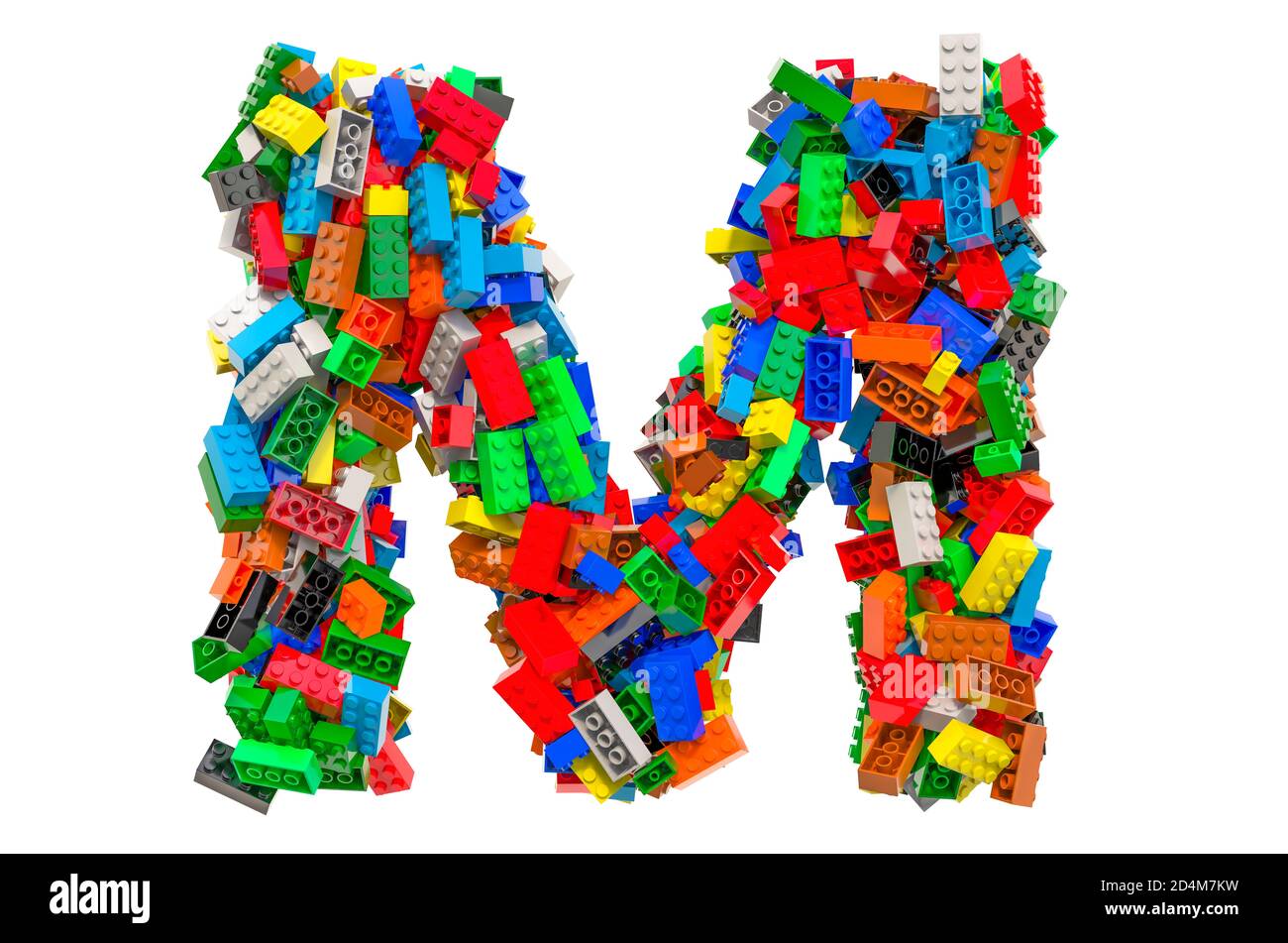 Letter M from colored plastic building blocks, 3D rendering isolated on ...