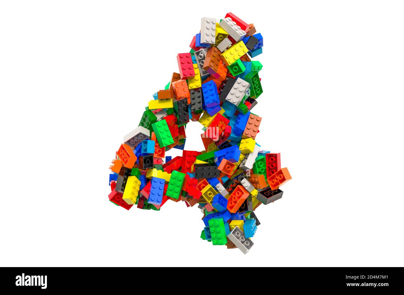 Number 4 from colored plastic building blocks, 3D rendering isolated on ...