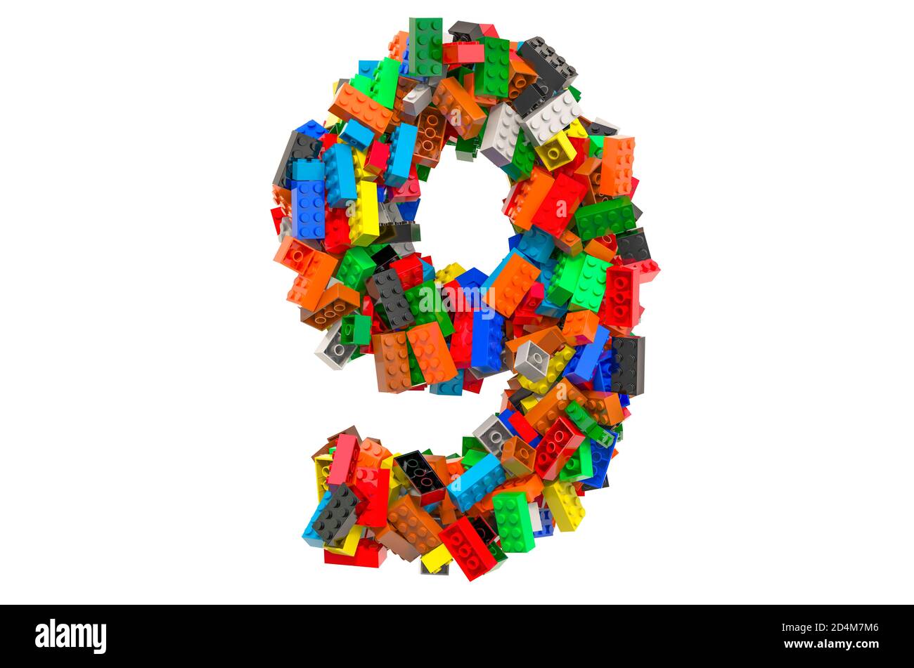 Number 9 from colored plastic building blocks, 3D rendering isolated on ...