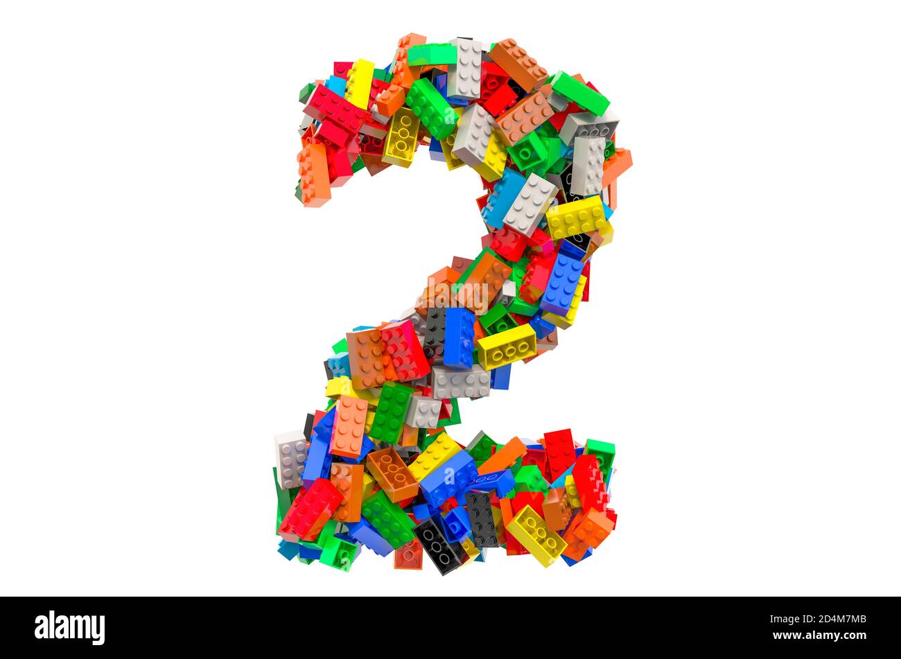 Number 2 from colored plastic building blocks, 3D rendering isolated on ...