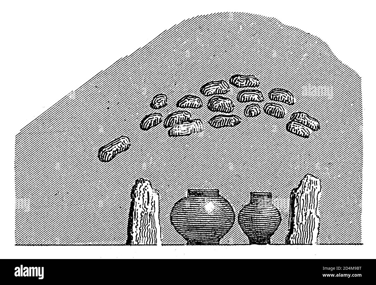Antique engraving of tumulus and funerary urns. Published in ...
