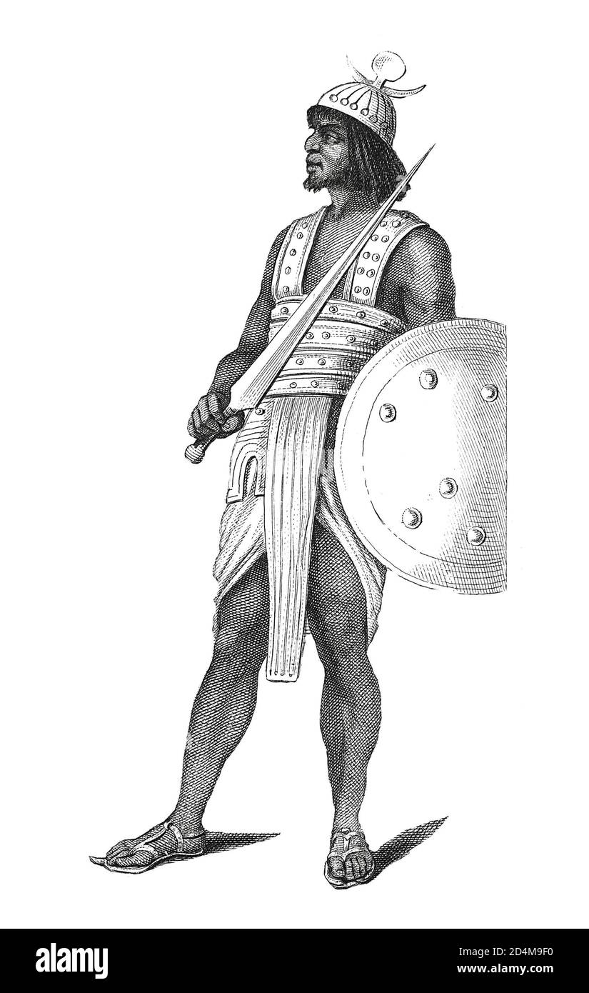 Antique illustration of Guard costume from Ancient Egypt. Engraving ...