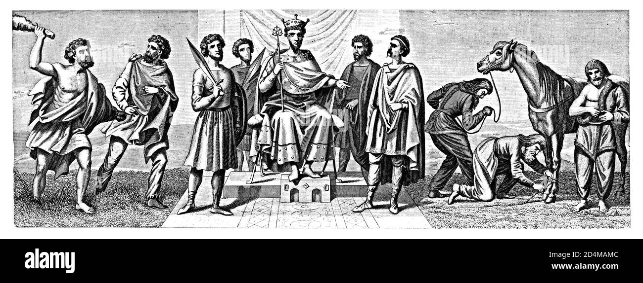 Antique illustration of European costumes. From left to right: 1 - Pre ...