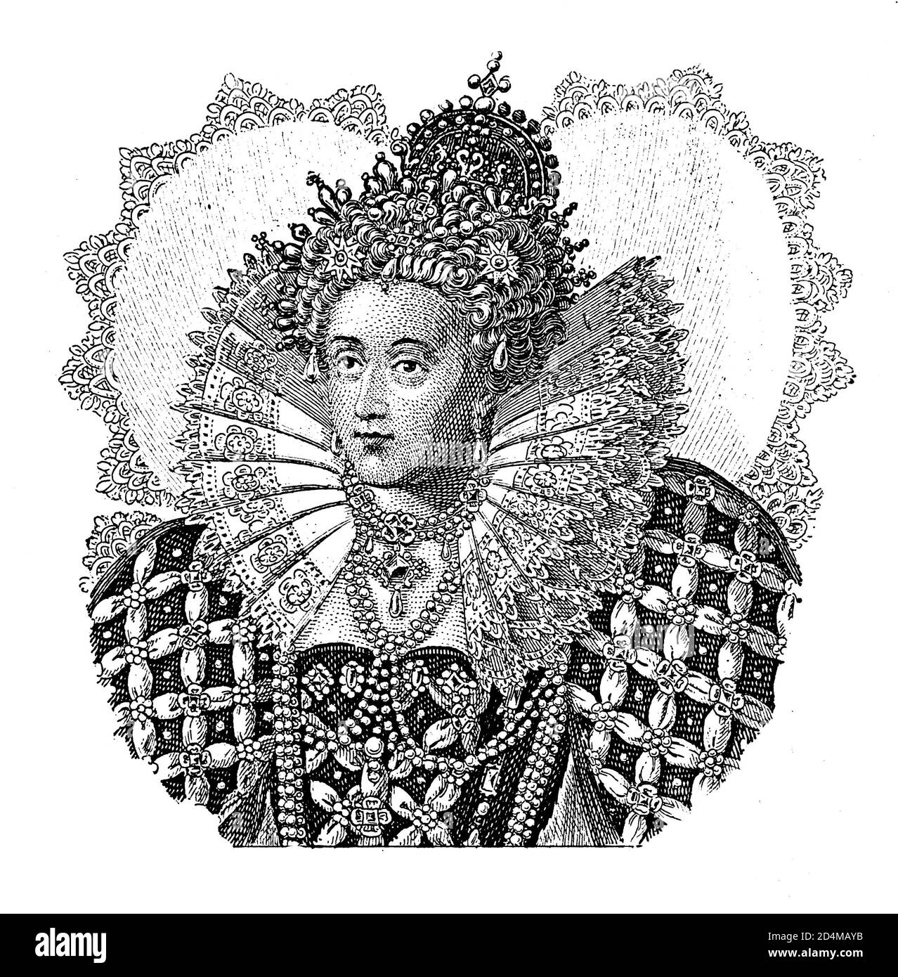 Antique engraving of a portrait of Queen Elizabeth I of England ...