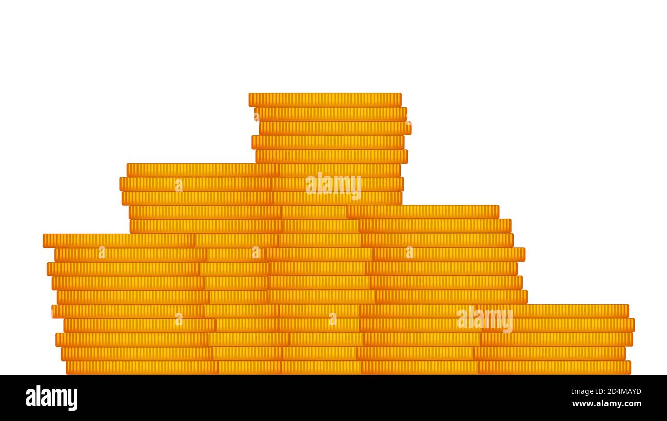 Golden stack of coins isolated on white. Cartoon style. Side view. Big ...