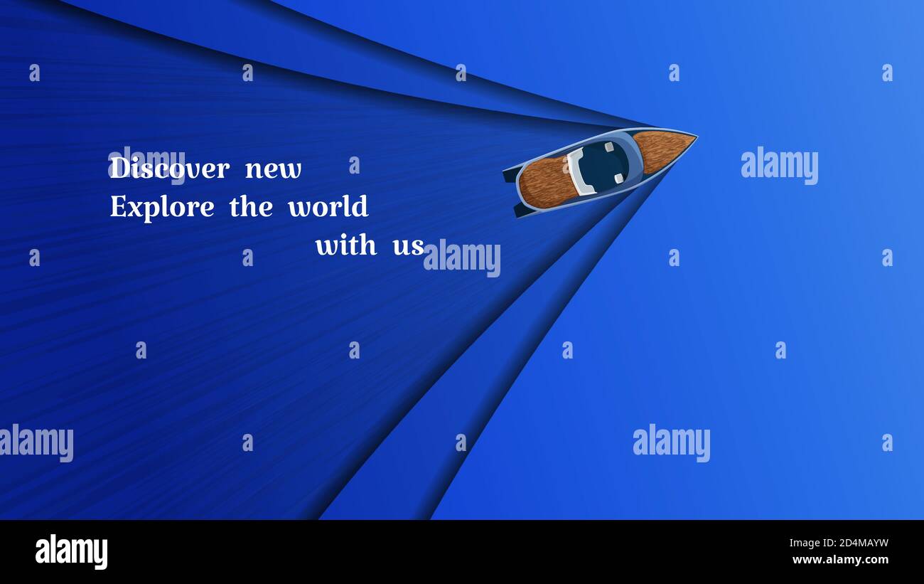 Horizontal banner with a motorboat floating on the water with waves ...