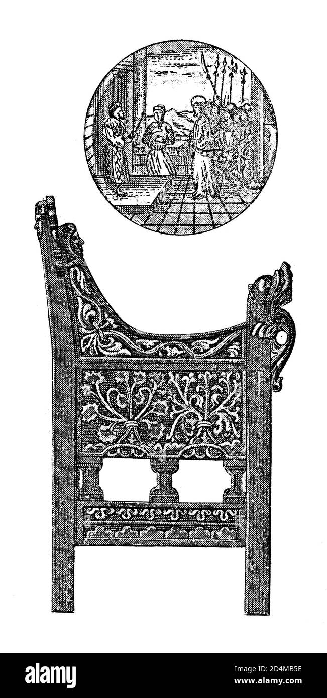 Antique illustration of medieval artefacts - wing chair (from XII ...