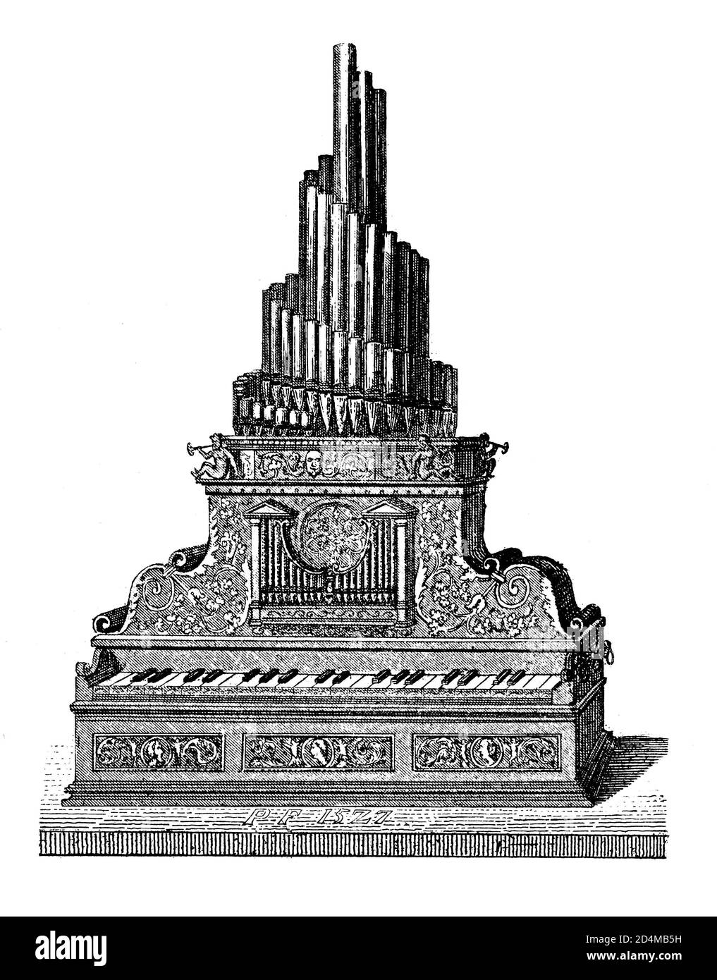 Antique 19th-century engraving of an organ of c. 1527. Published in ...