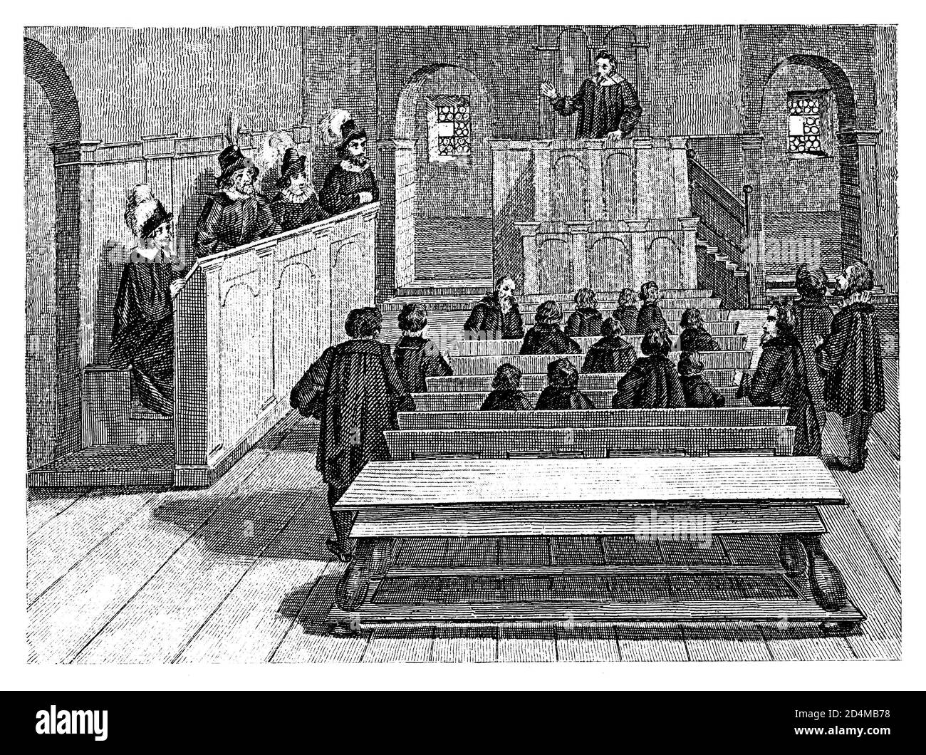 Antique engraving of a lecture hall from XVII century. Published in ...