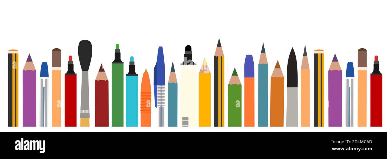 Brushes, pencils, felt-tip pens. Horizontal background picture for art ...