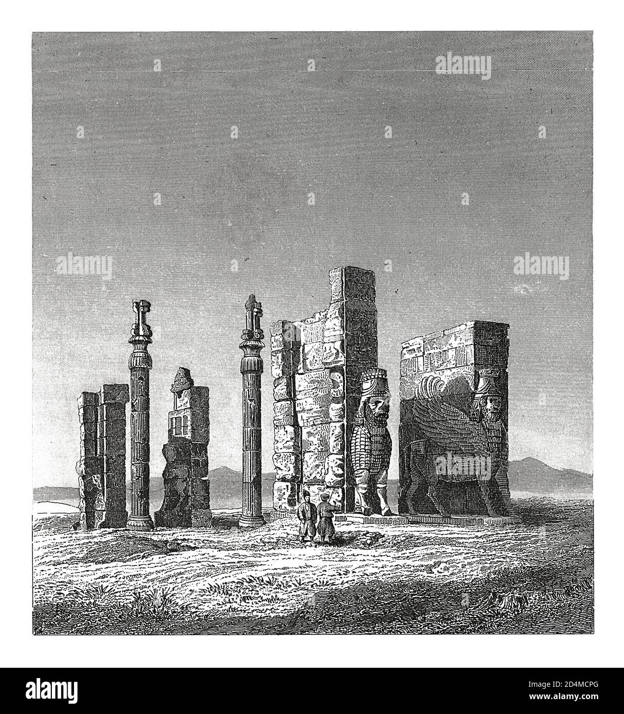 19th-century illustration of gateway of a temple in Persepolis ...