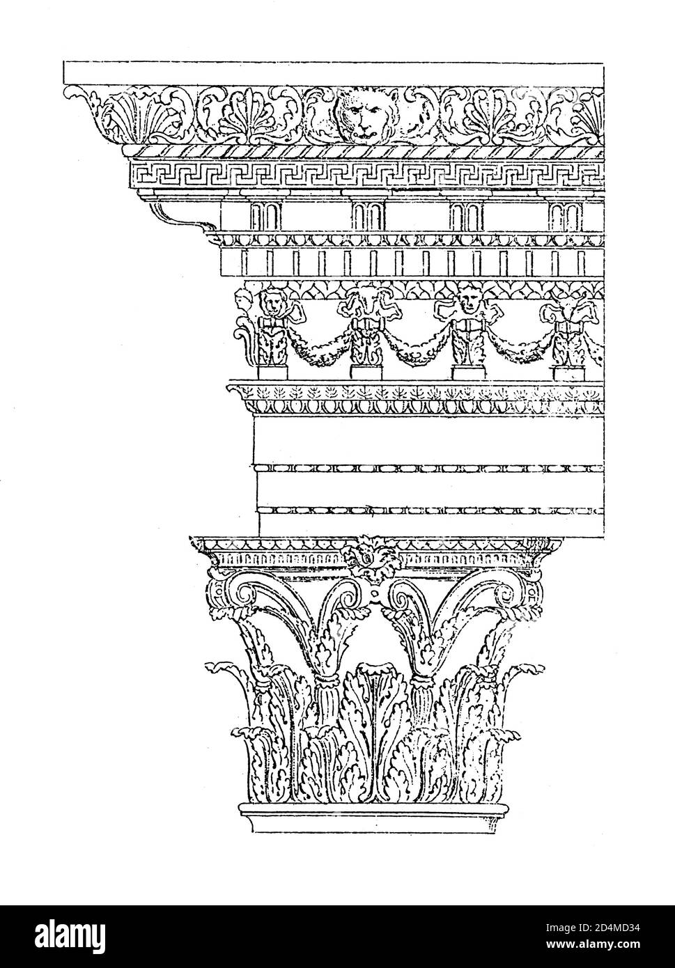 19th-century illustration of entablature from a temple in Baalbek ...