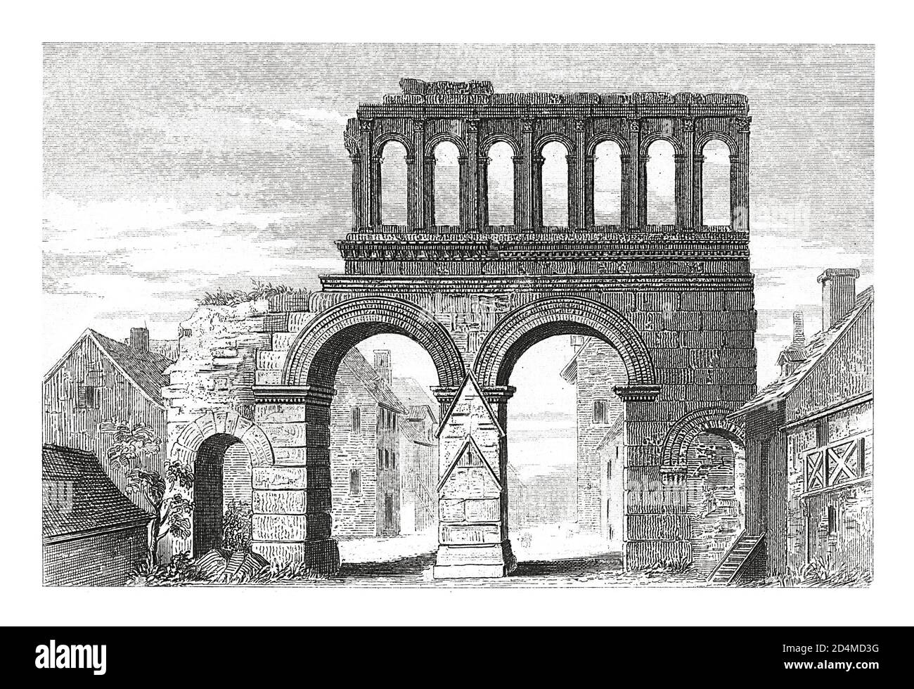 Antique engraving of Roman city gate in Autun, France. Published in ...