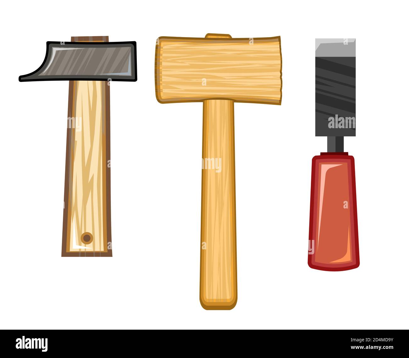Hammers and chisel. Steel hammer for hammering nails. Wooden hammer for ...