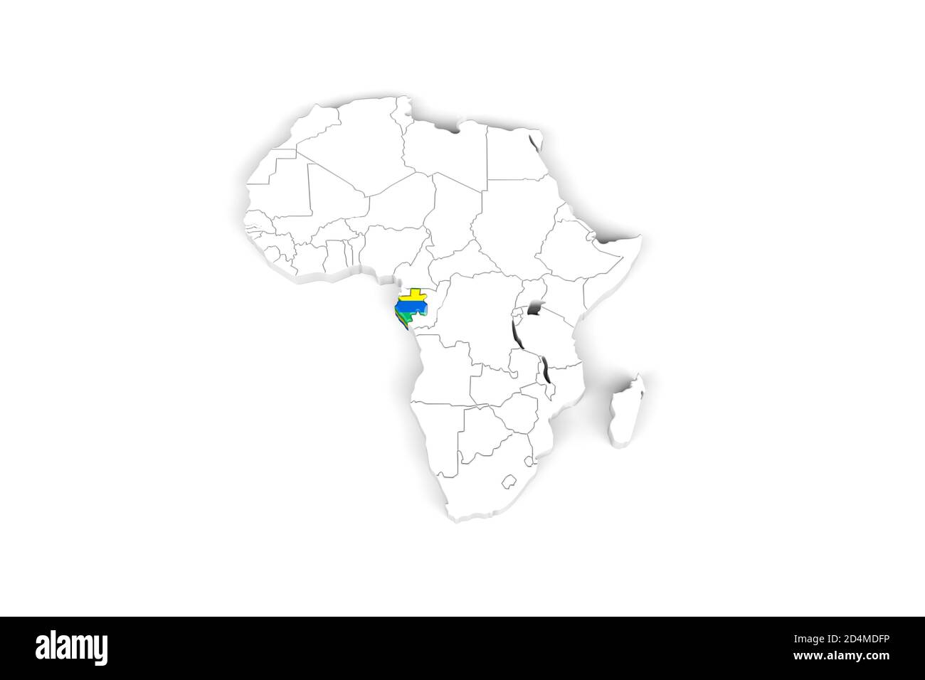 Africa 3d map with borders marked - Gabon area marked with Gabon flag ...