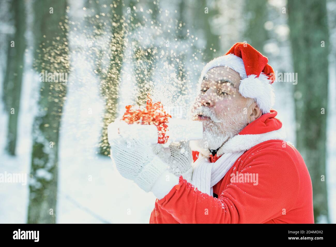 Santa blowing snow - funny face. Santa Claus coming to the winter ...