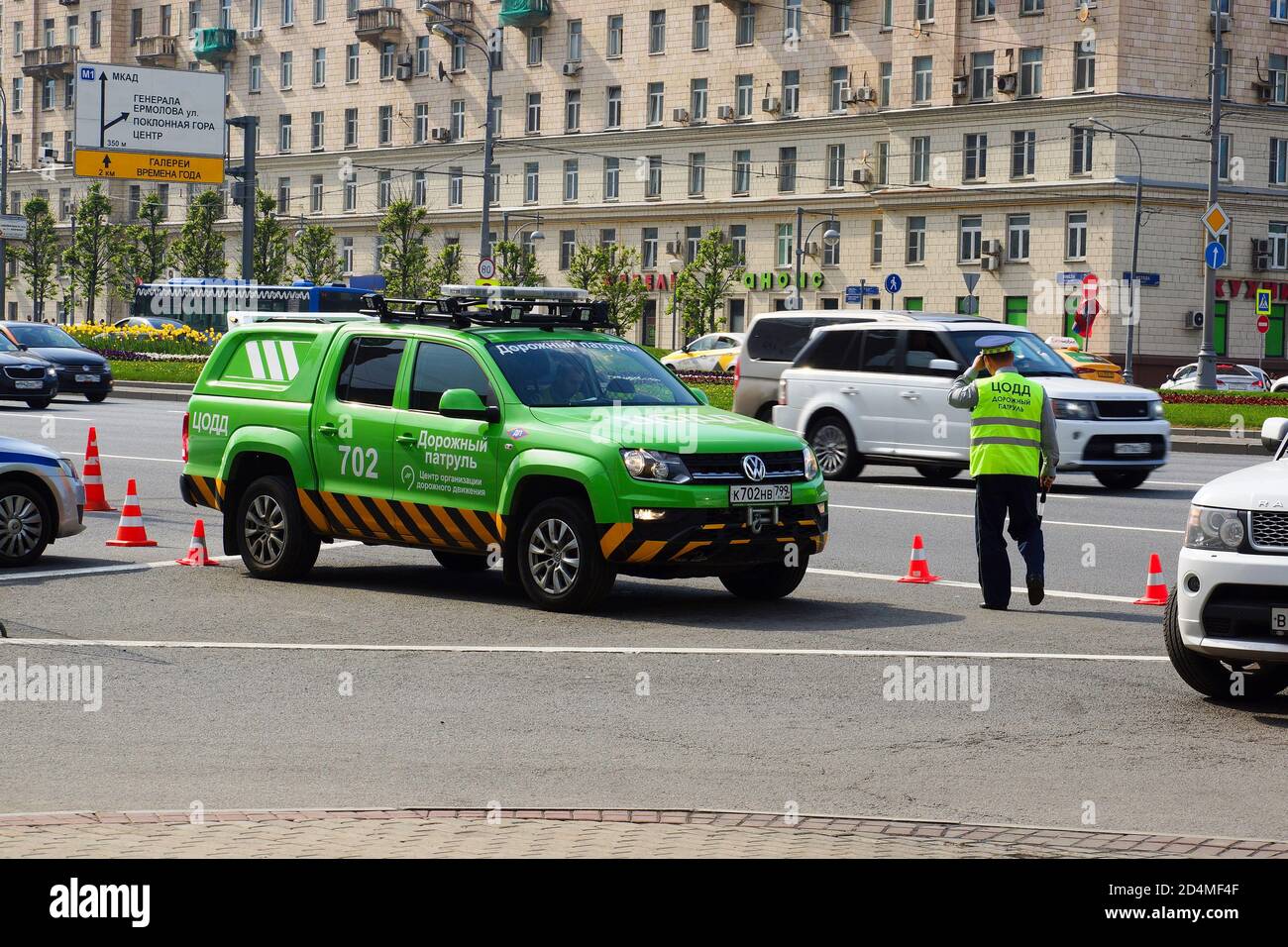 Moscow, Russia - May 9, 2019. Road patrol vehicle. Employee of the ...