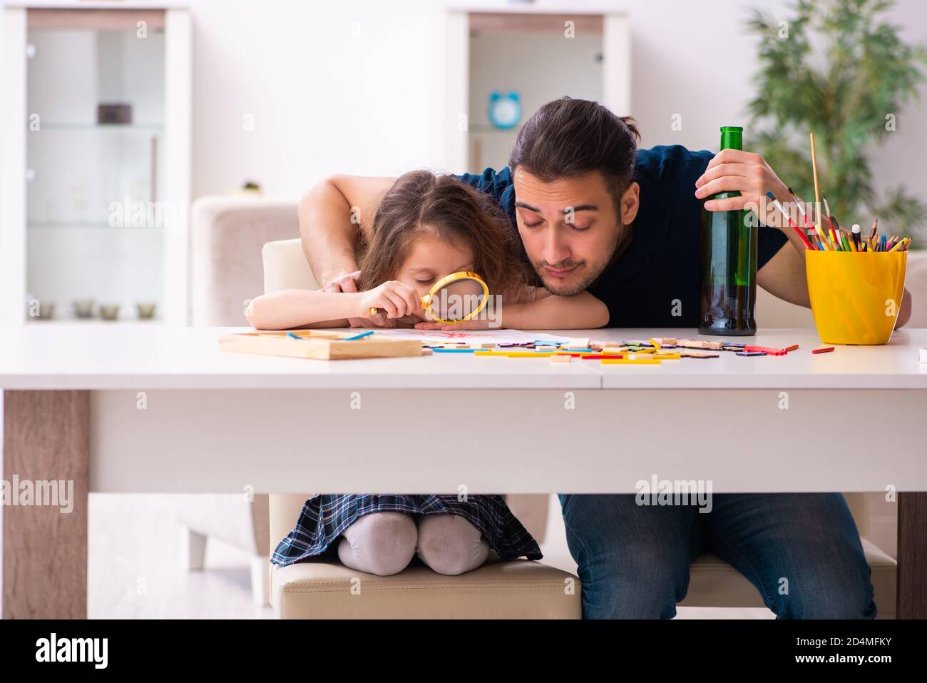 Drunk father and little girl at home Stock Photo - Alamy