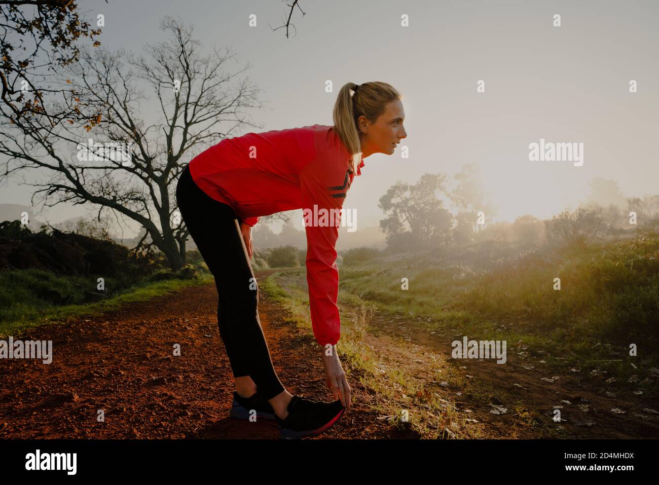 Beautiful female stretching hamstring before beginning exercise or run ...