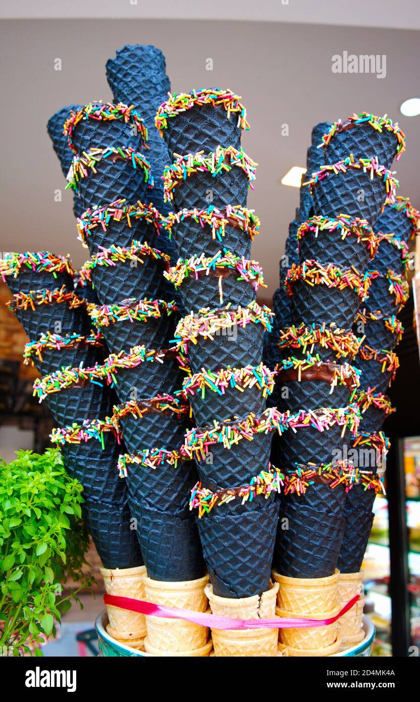 ice cream cornet with dark chocolate and confectionery Stock Photo - Alamy