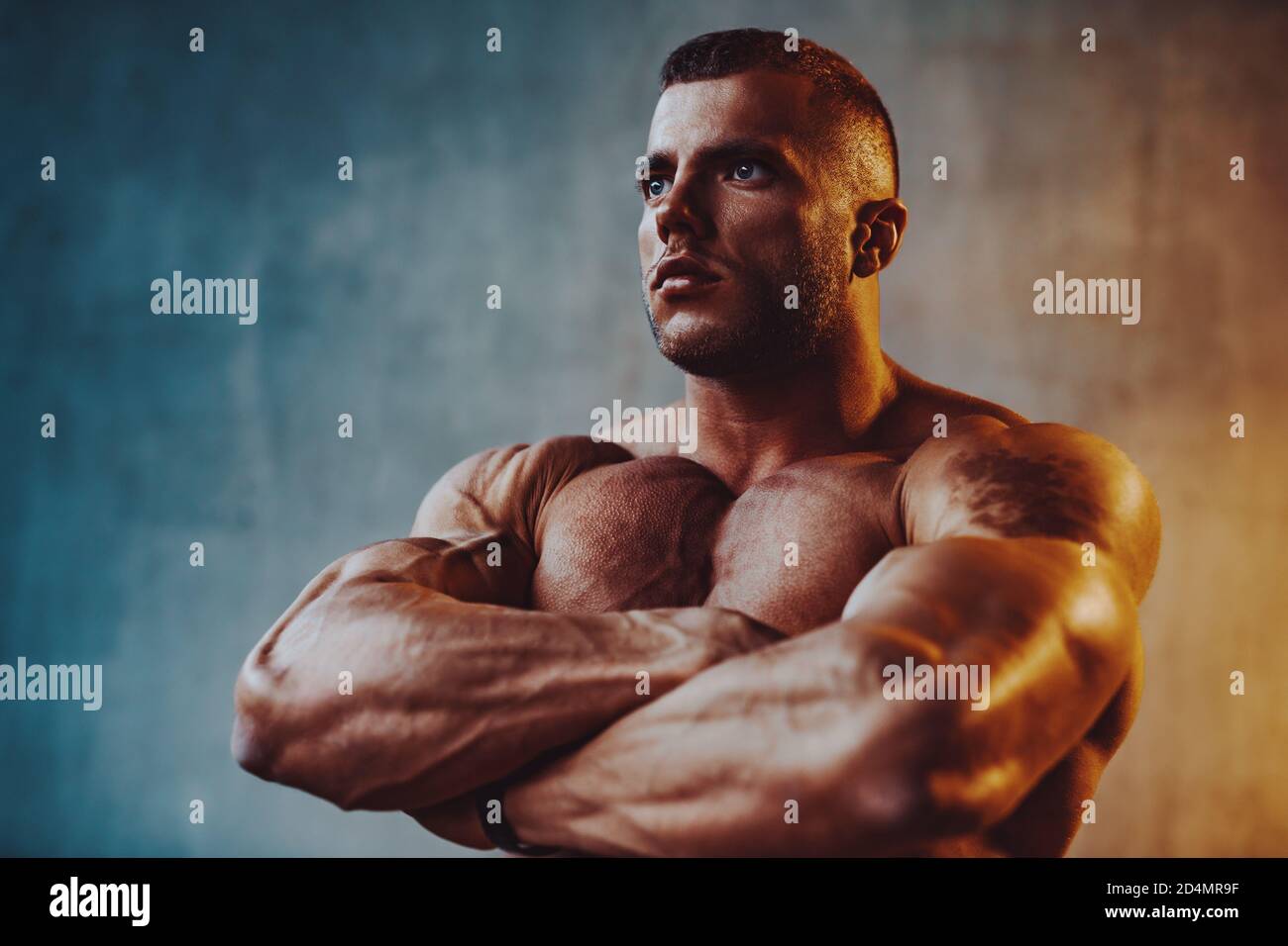 Young strong man bodybuilder portrait on stone wall background. Cool ...