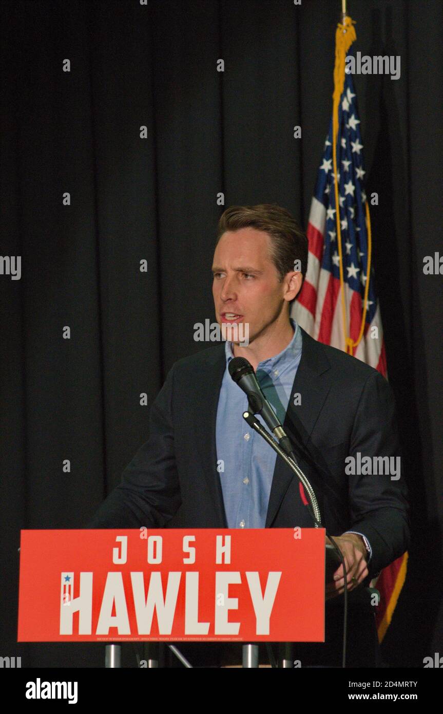 Missouri Senator Josh Hawley gives a speech at a Republican rally in St ...