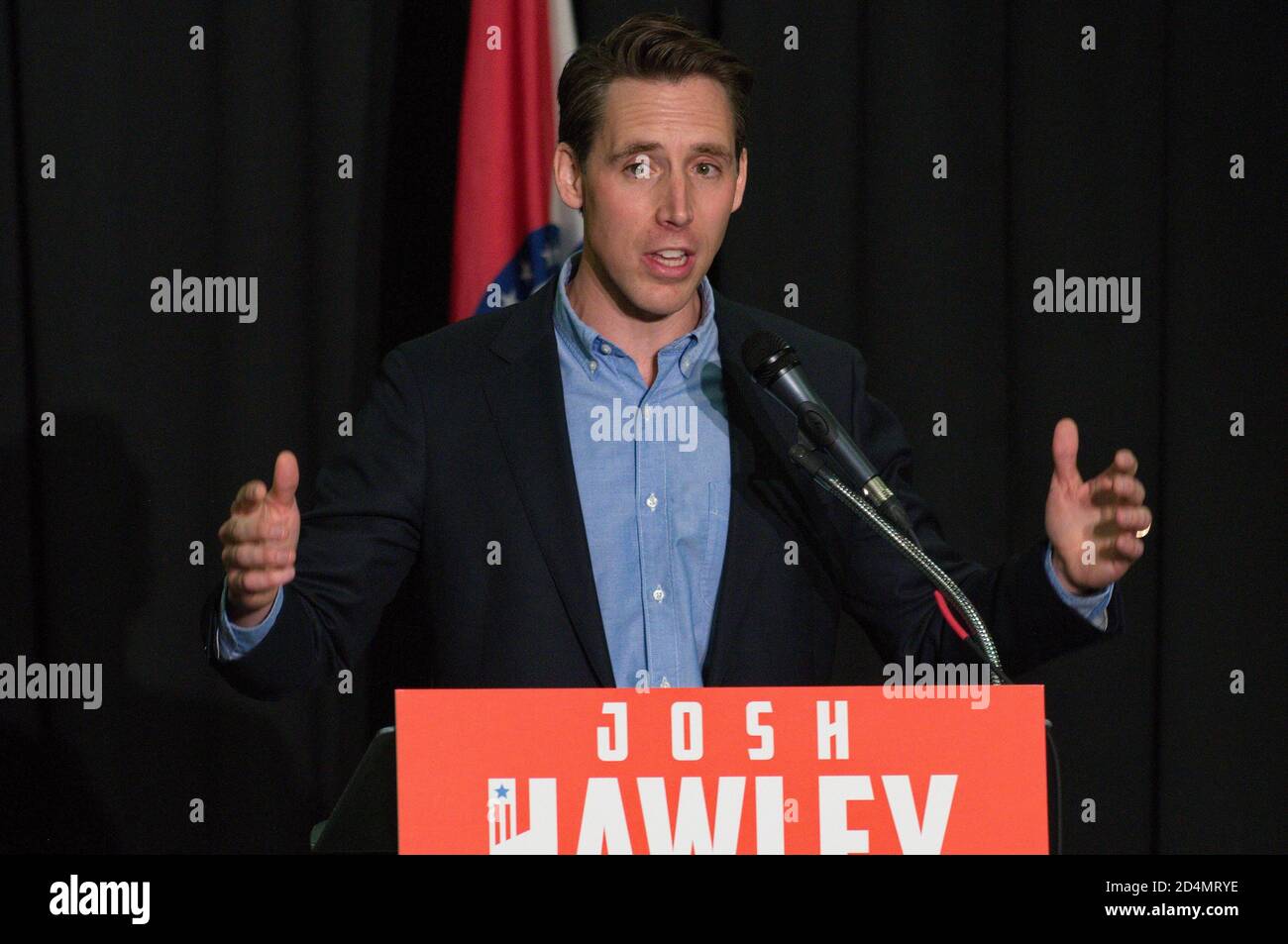 Missouri Senator Josh Hawley gives a speech at a Republican rally in St ...