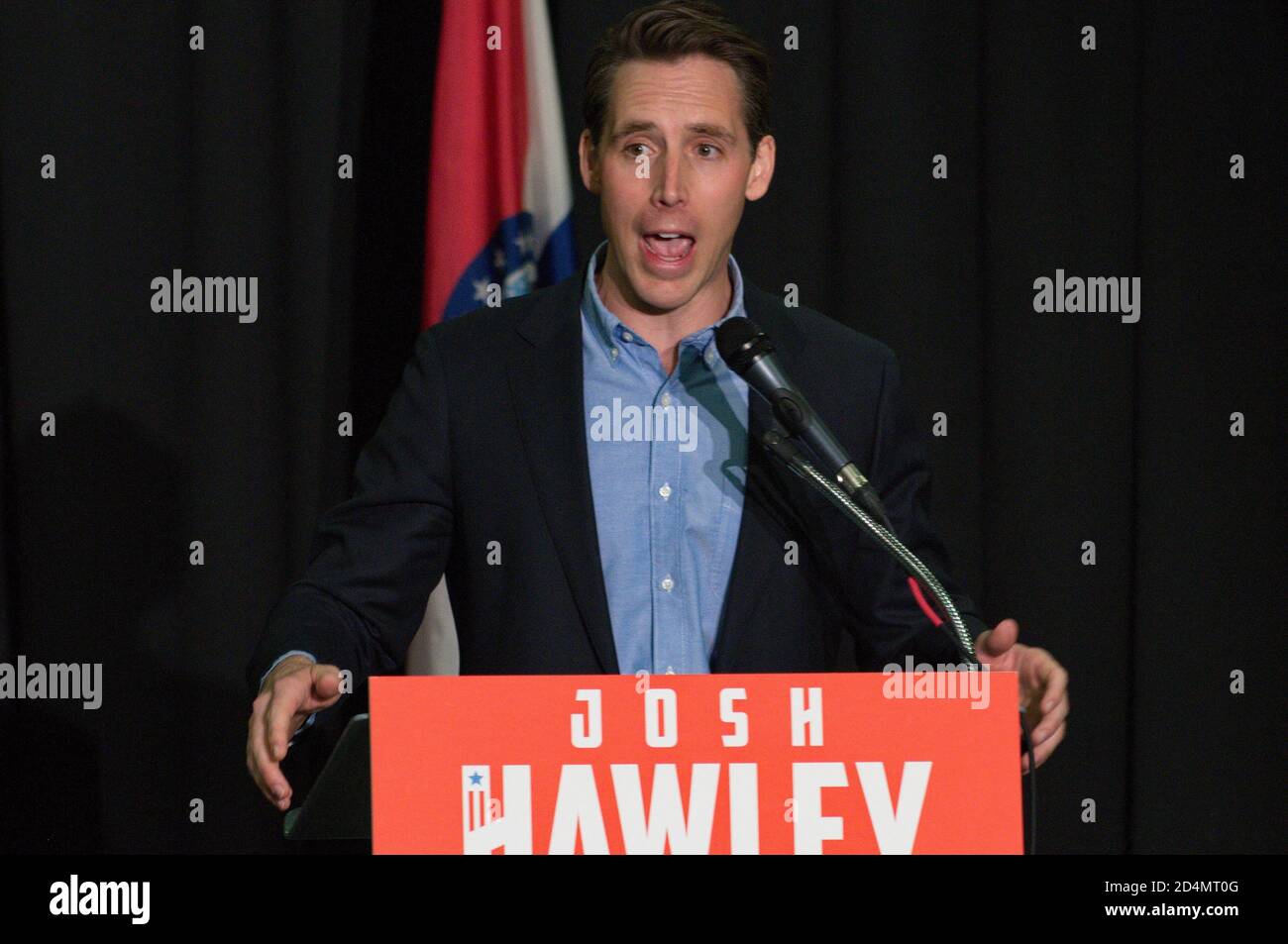 Missouri Senator Josh Hawley gives a speech at a Republican rally in St ...