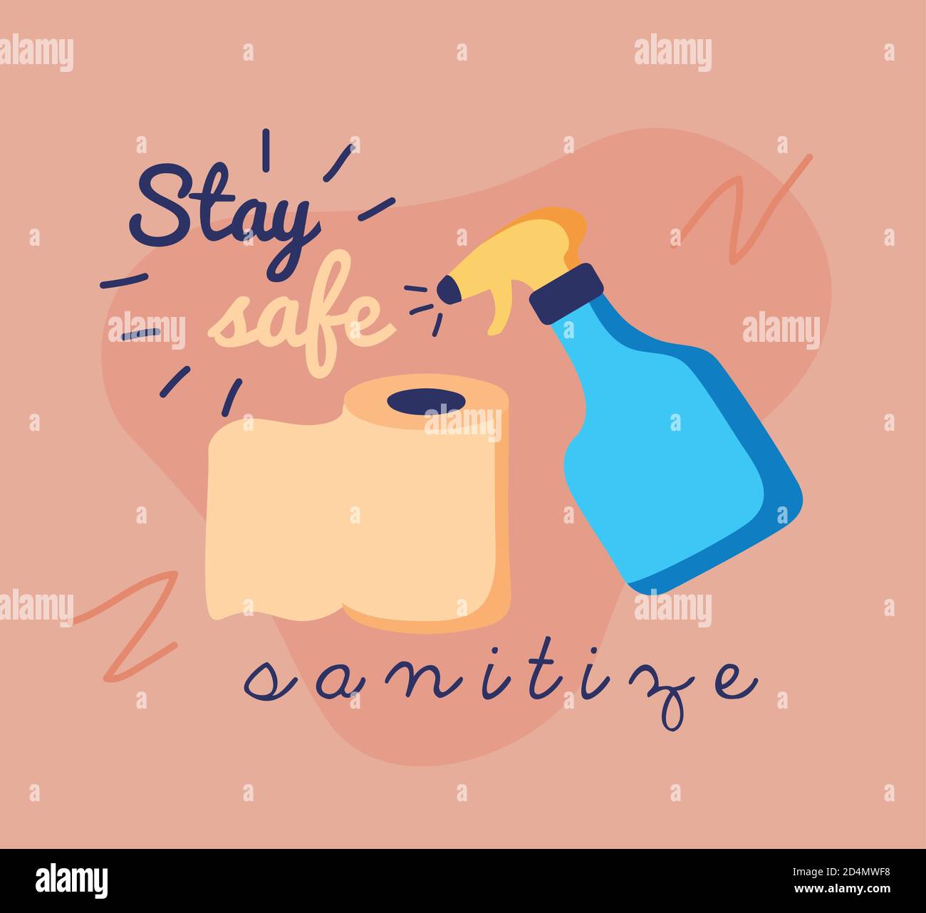 stay safe campaign lettering with sanitize spray bottle and paper roll ...