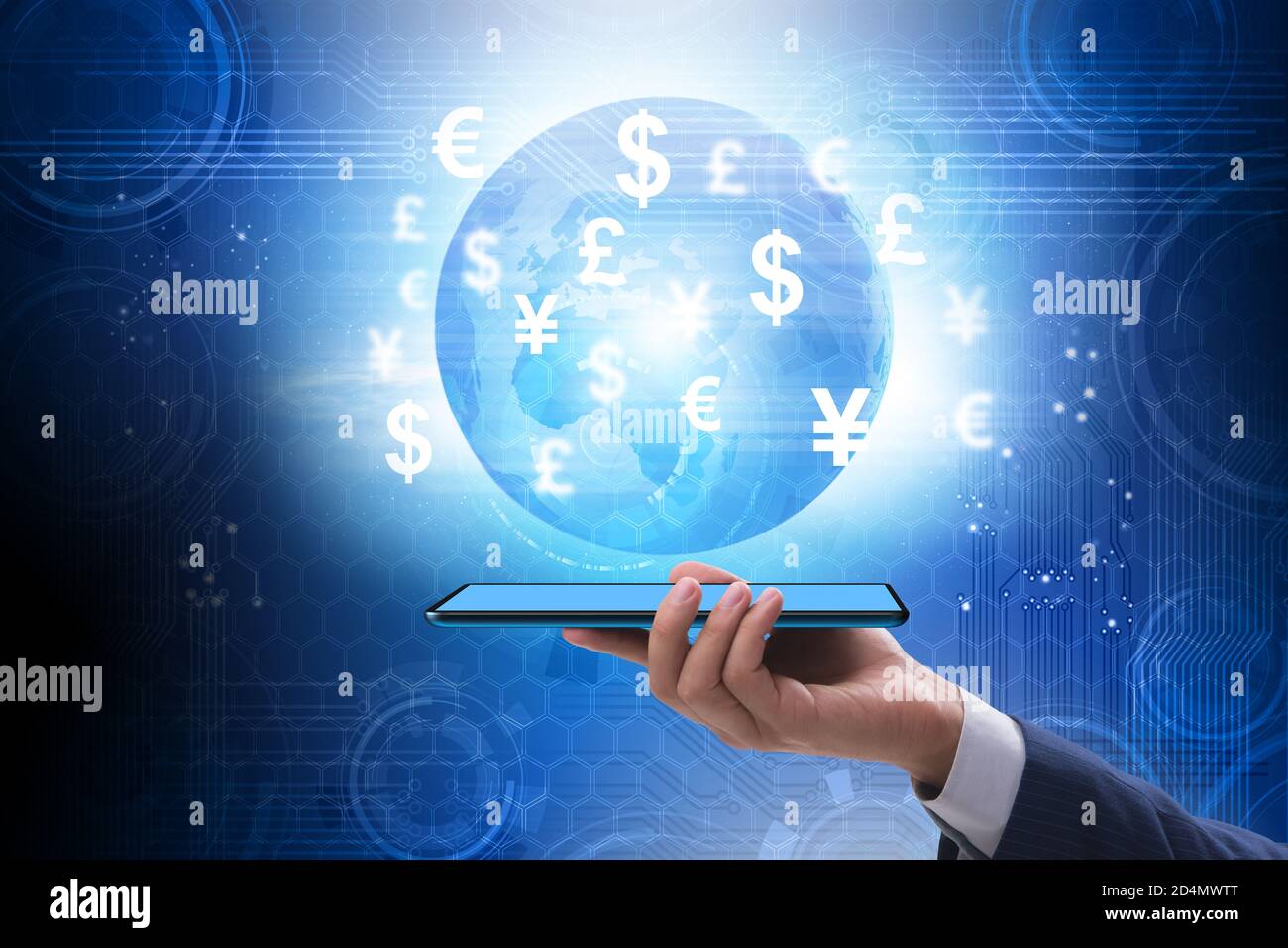 Global money transfer and exchange concept with the businessman Stock ...