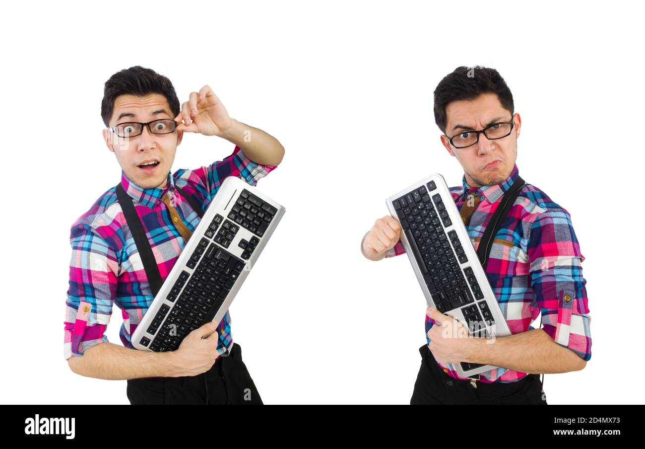 The computer nerd with keyboard isolated on white Stock Photo - Alamy