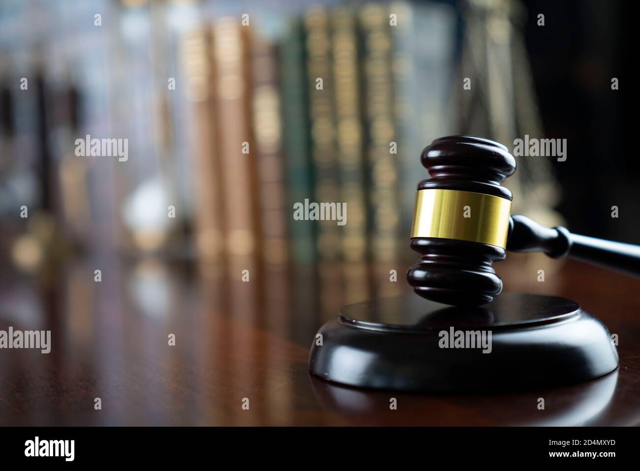 Judge office. Gavel on brown shining table and collection of legal ...