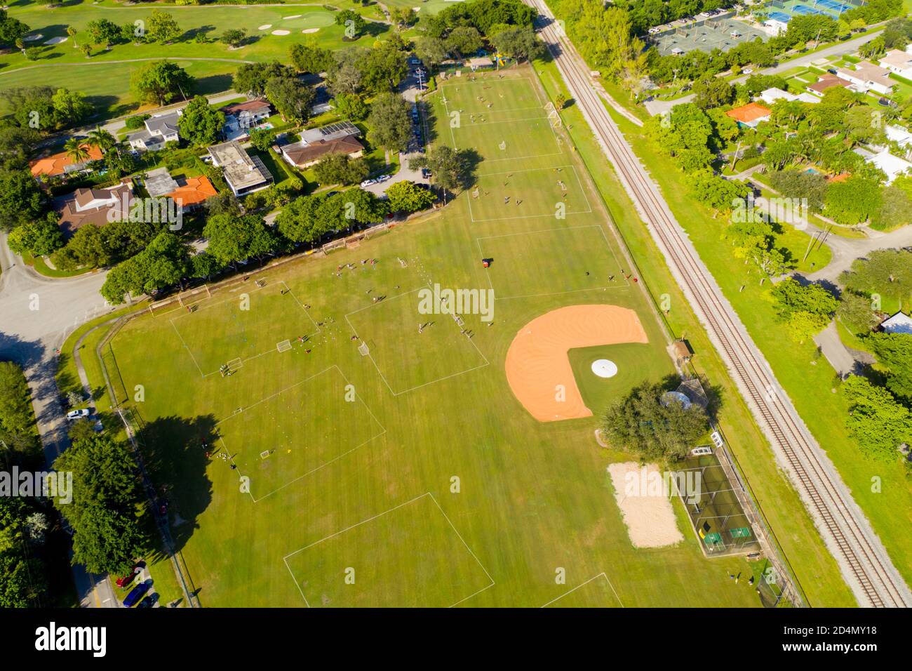 Aerial photo sports fields by railroad tracks Stock Photo - Alamy