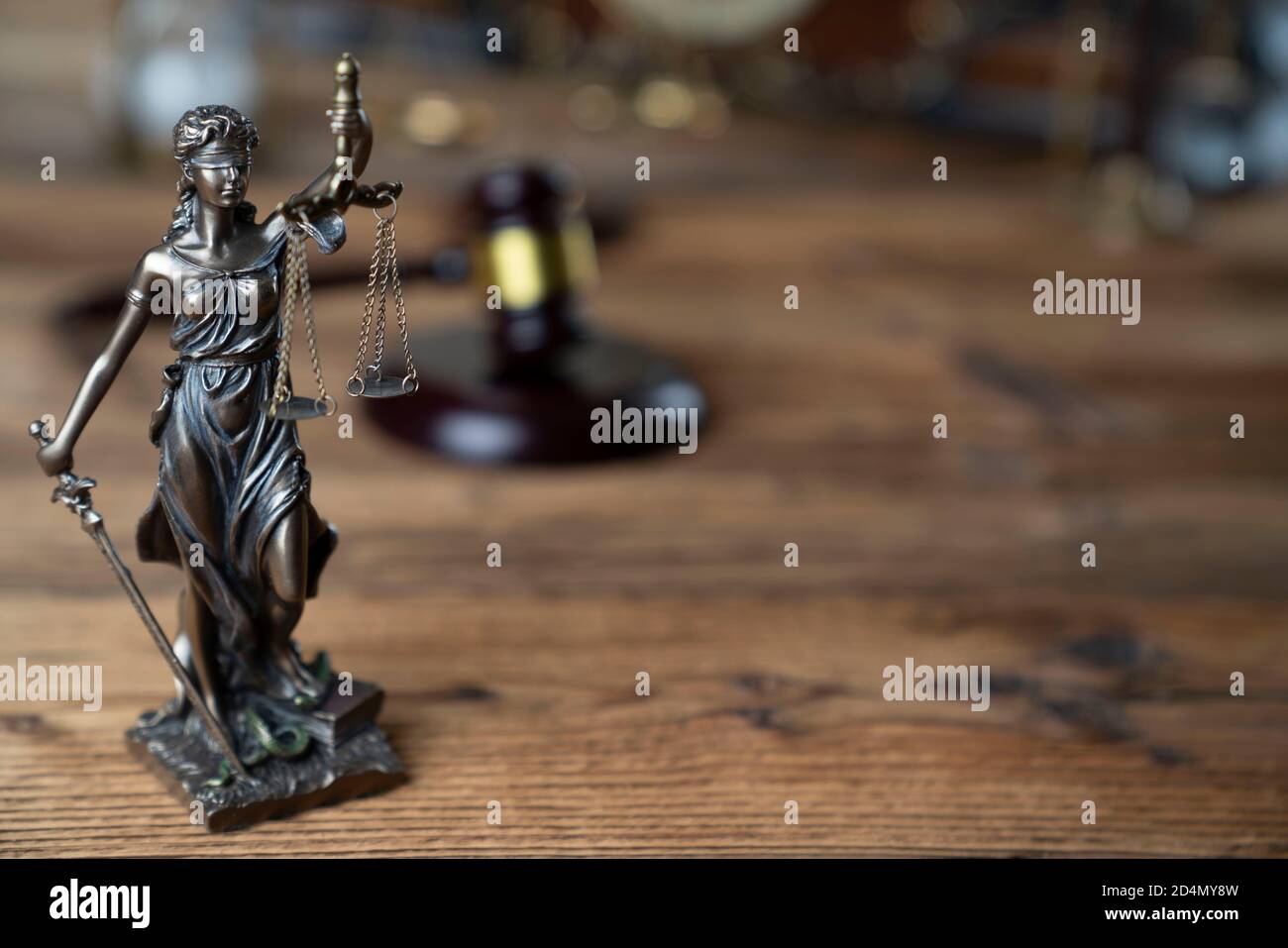 Law symbols composition. Judge’s gavel, Themis statue, scale, hourglass ...