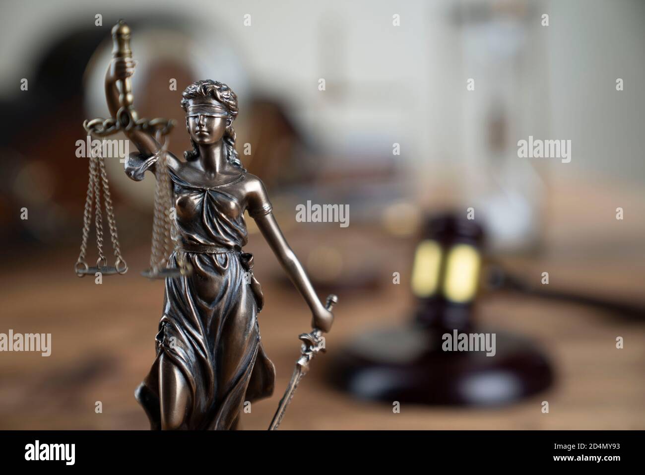 Law symbols composition. Judge’s gavel, Themis statue, scale, hourglass ...