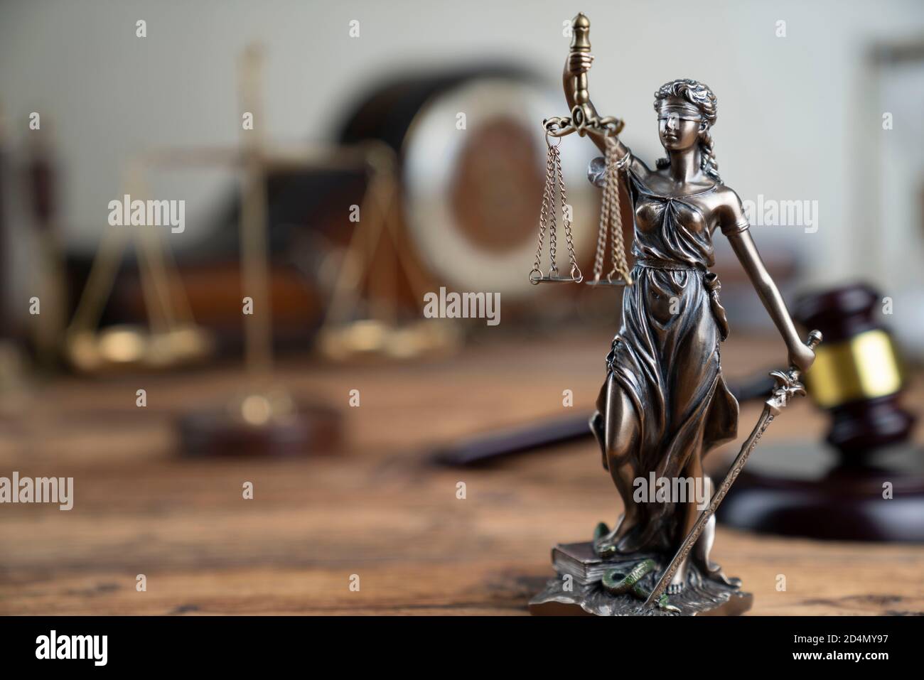 Law symbols composition. Judge’s gavel, Themis statue, scale, hourglass ...