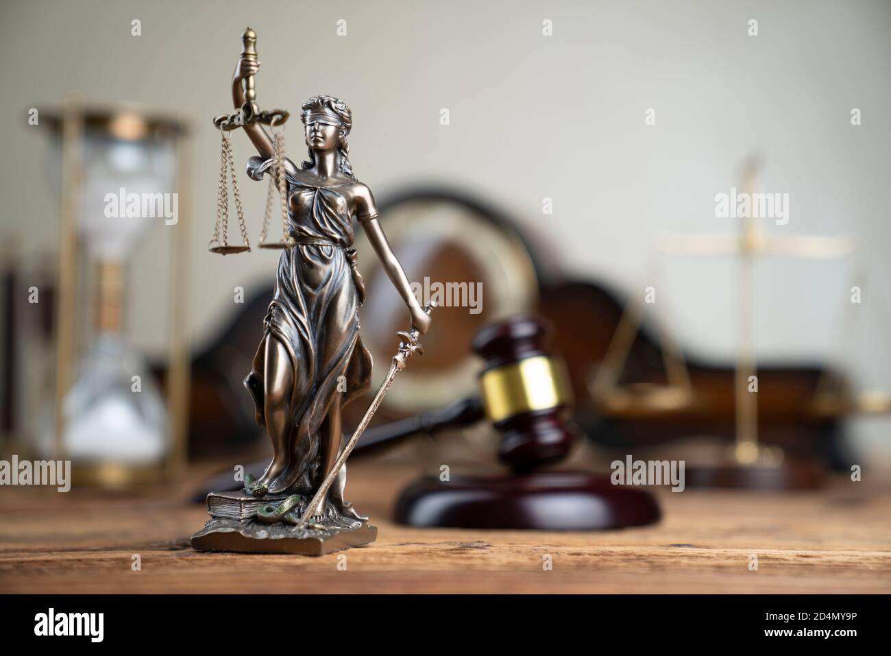 Law symbols composition. Judge’s gavel, Themis statue, scale, hourglass ...