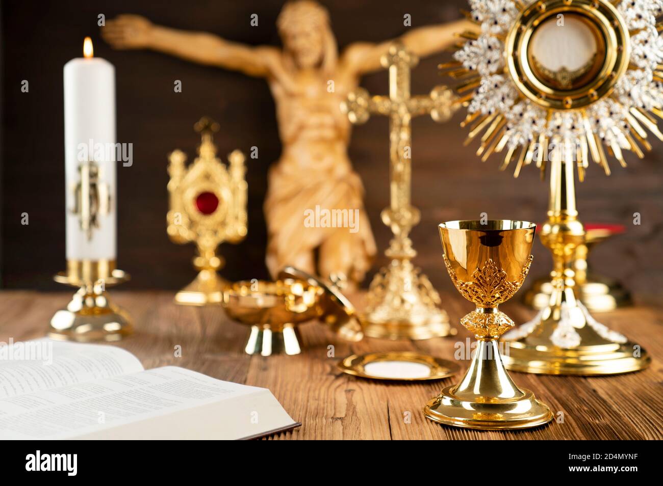 Catholic religion concept. Catholic symbols composition: cruciefied ...