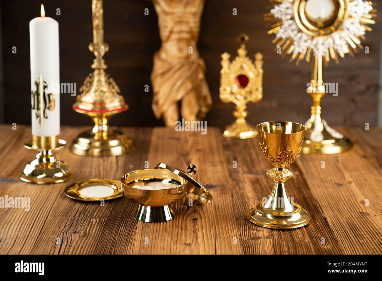 Catholic religion concept. Catholic symbols composition: cruciefied ...