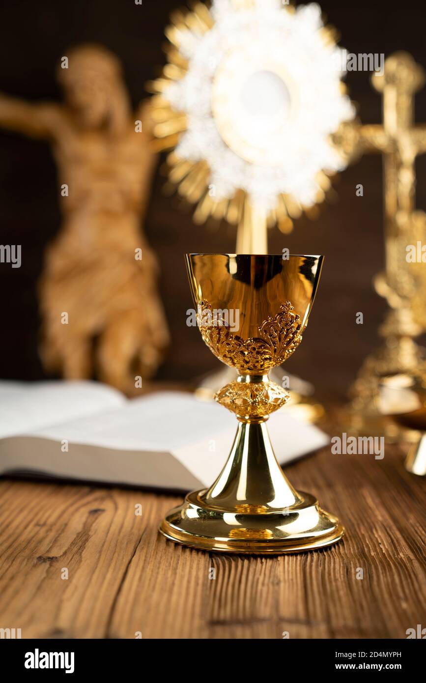Catholic religion concept. Catholic symbols composition: cruciefied ...