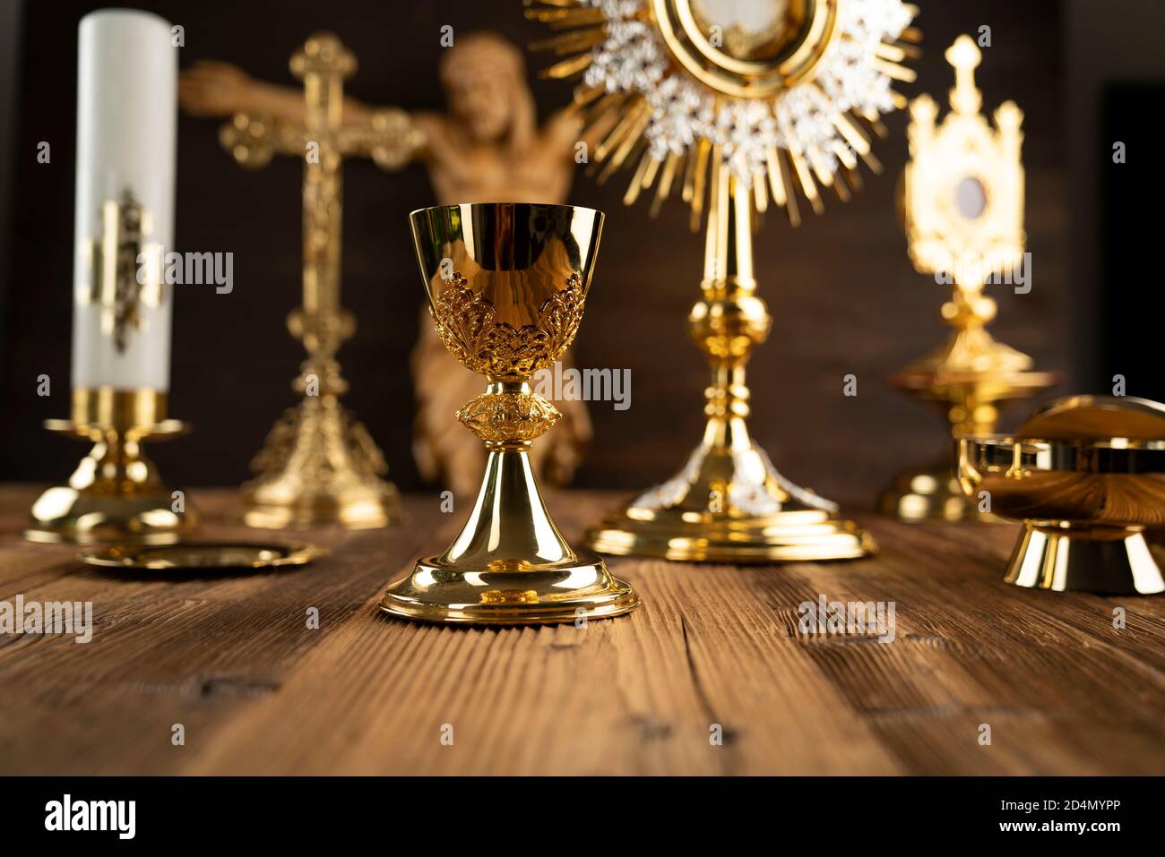 Catholic religion concept. Catholic symbols composition: cruciefied ...