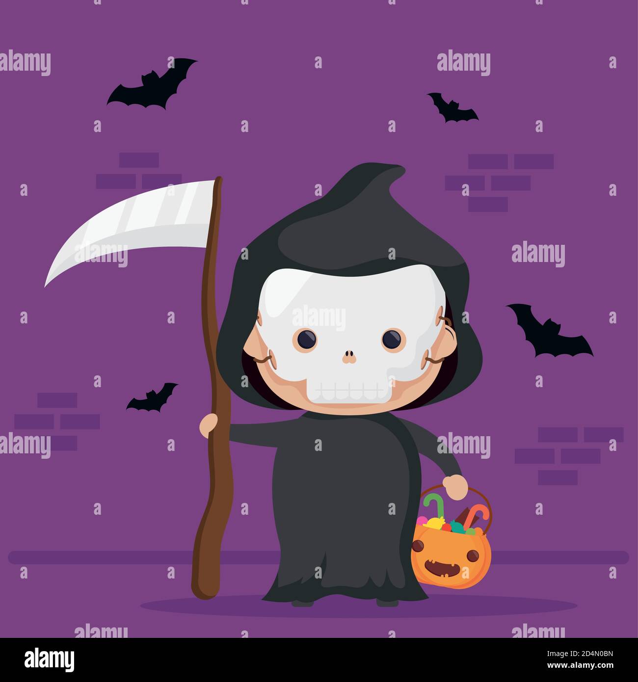 happy halloween cute death character and bats flying vector ...