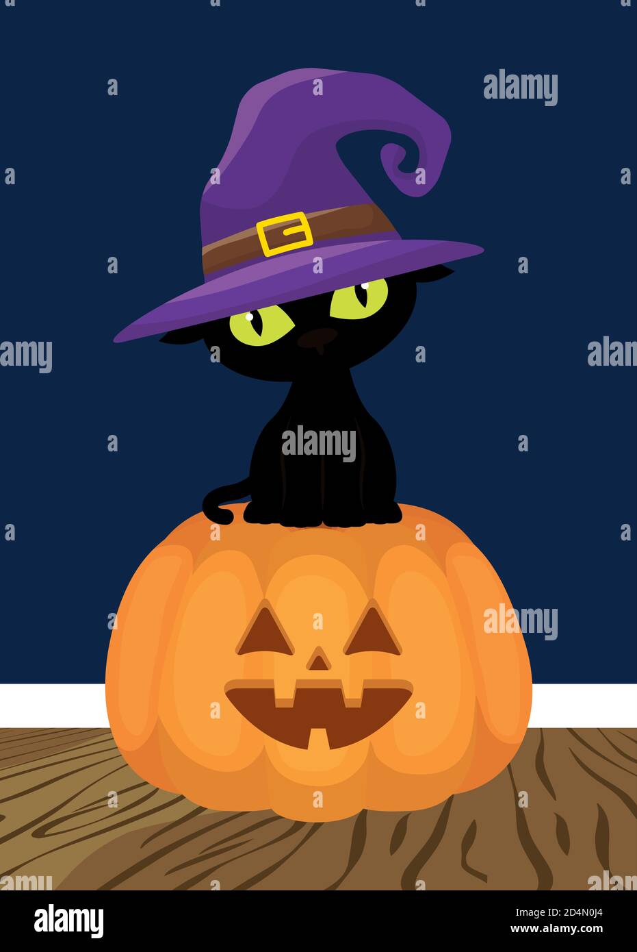 halloween pumpkin face with black cat wearing witch hat vector ...