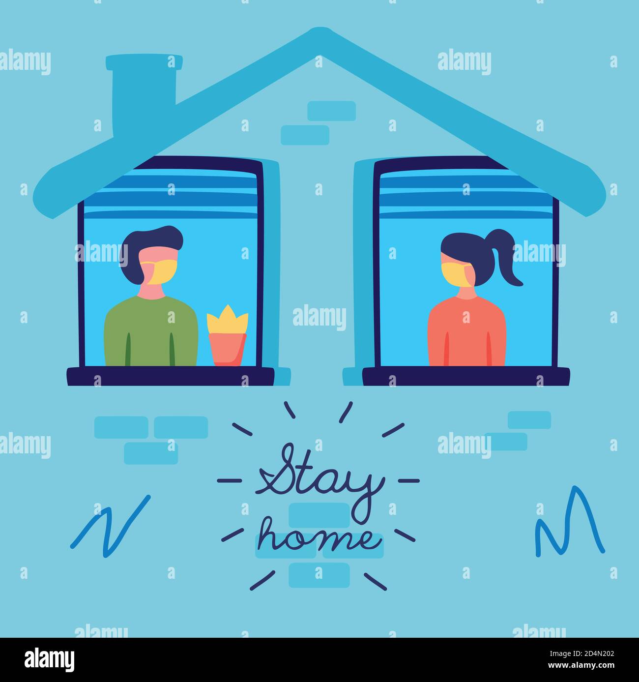 stay home campaign lettering with people in windows of building vector ...