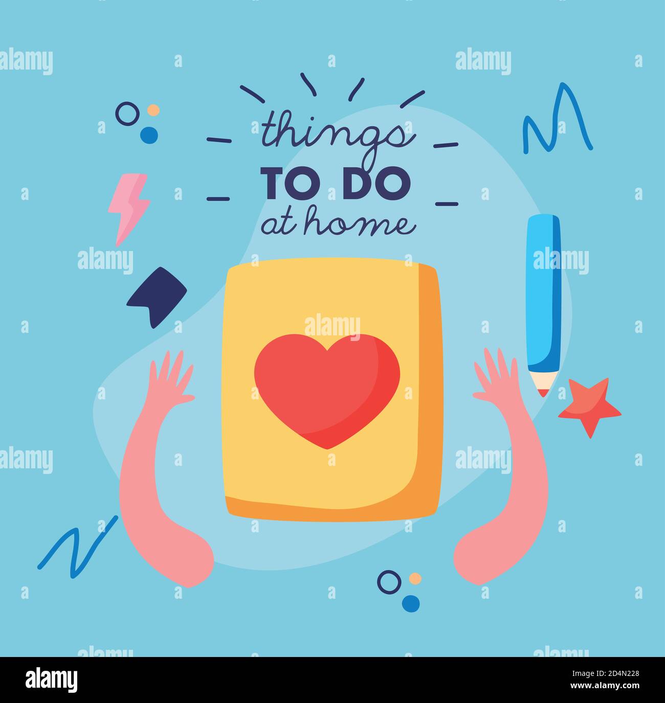 things to do at home lettering with hands and book vector illustration ...